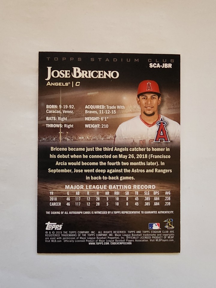 2019 STADIUM CLUB BASEBALL JOSE BRICENO RC AU SCA-JBR ANGELS MLB OHTANI ...