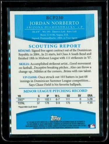 2008 Bowman Chrome Prospects Baseball Card BCP230 JORDAN NORBERTO ...