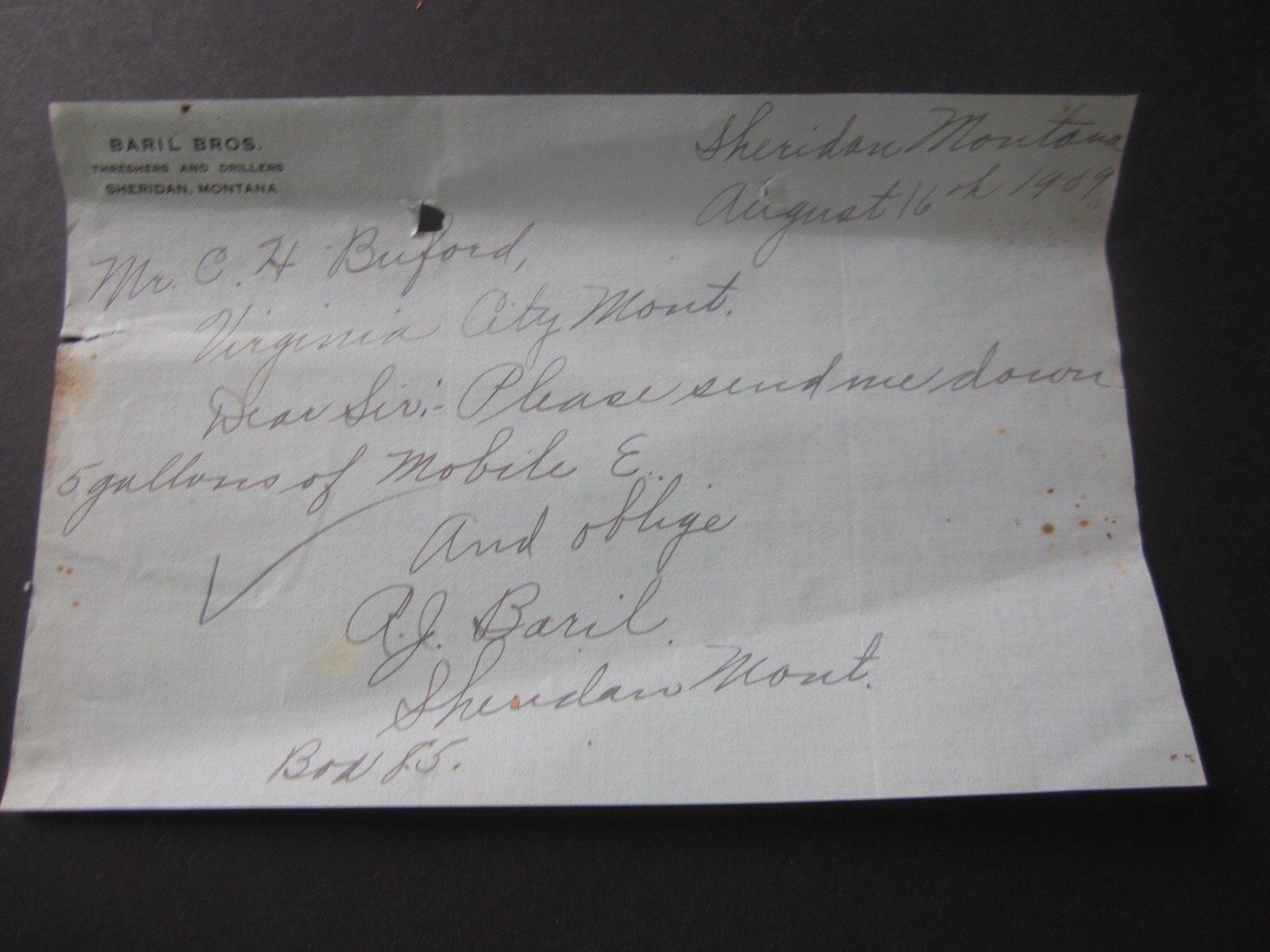 1909 BARIL BROS. Sheridan MONTANA Order Document - to C.H. Buford ...