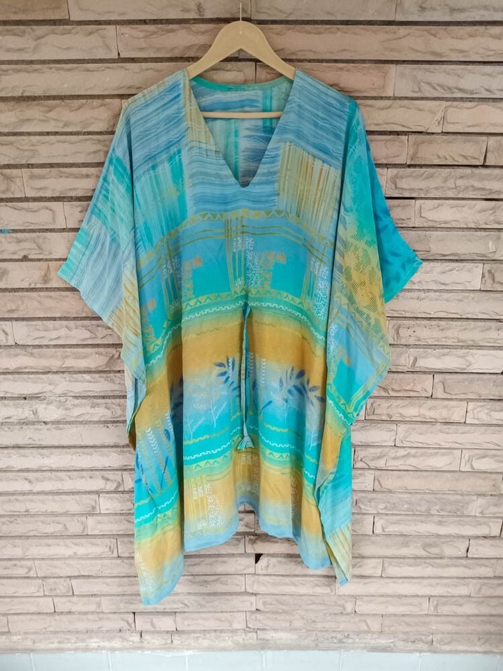 Crepe Dress Tunic Kaftan Midi Caftan Woman Cover Up Printed Blue ...