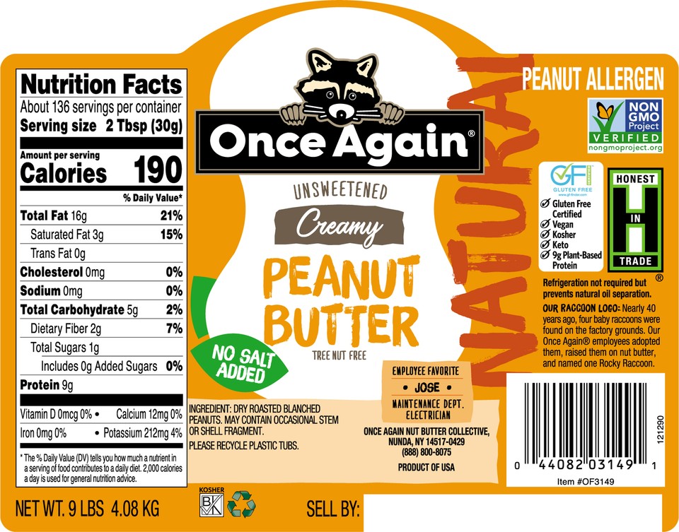 Once Again Creamy Peanut Butter, No Salt, Unsweetened, 9lb Bucket | eBay