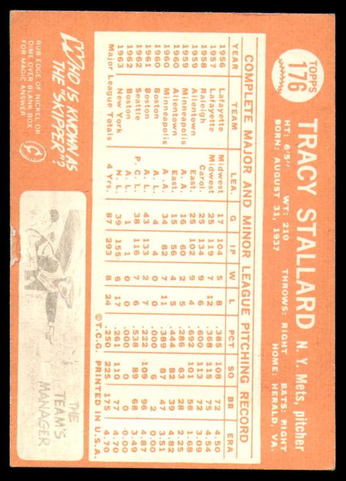 1964 Topps #176 Tracy Stallard EX++ Excellent++ Mets ID:114036 | eBay