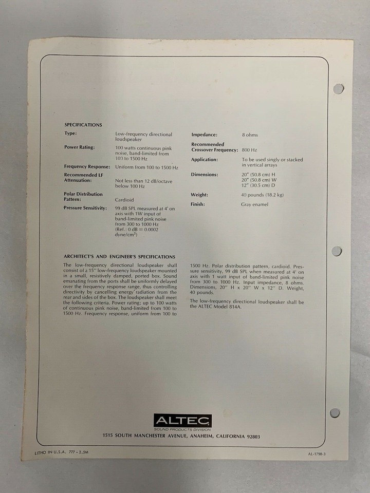 Original Vtg Altec 814A Low Frequency Directional Speaker Spec Sheet ...