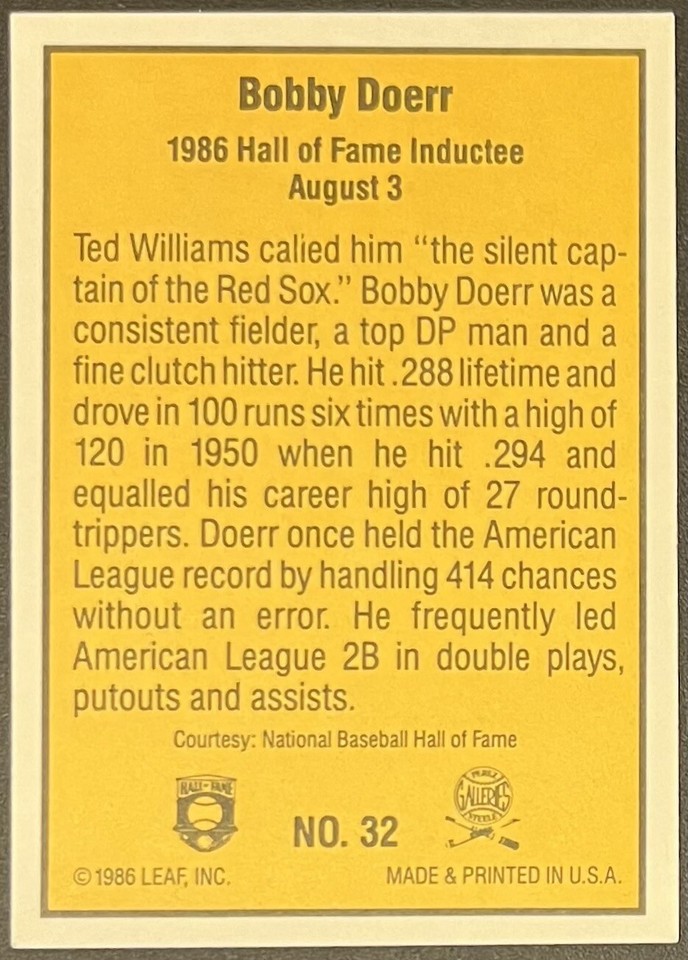 Bobby Doerr Signed 1986 Donruss #32 "HOF 86" Inscribed Autograph Boston ...