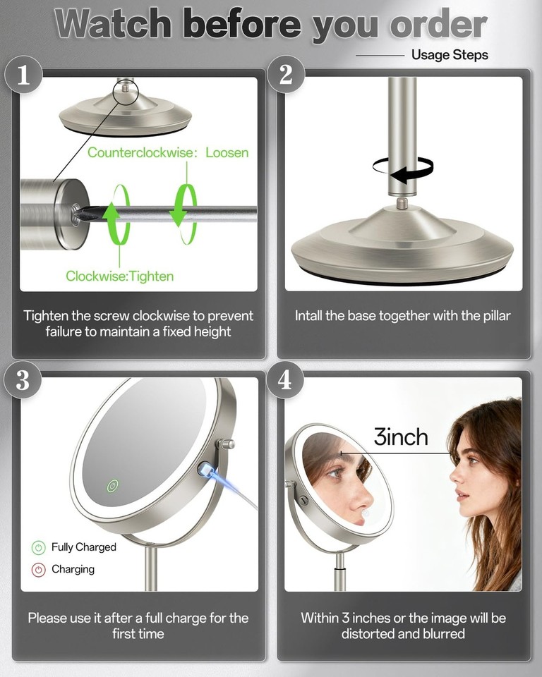 VFD 30X/1X Makeup Mirror with Lights, Height Adjustable Lighted ...