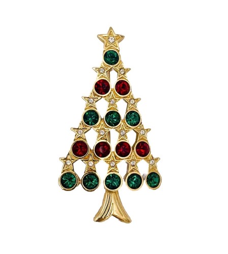 Swarovski Signed Gold Toned Christmas Tree Pin Brooch Red Green ...
