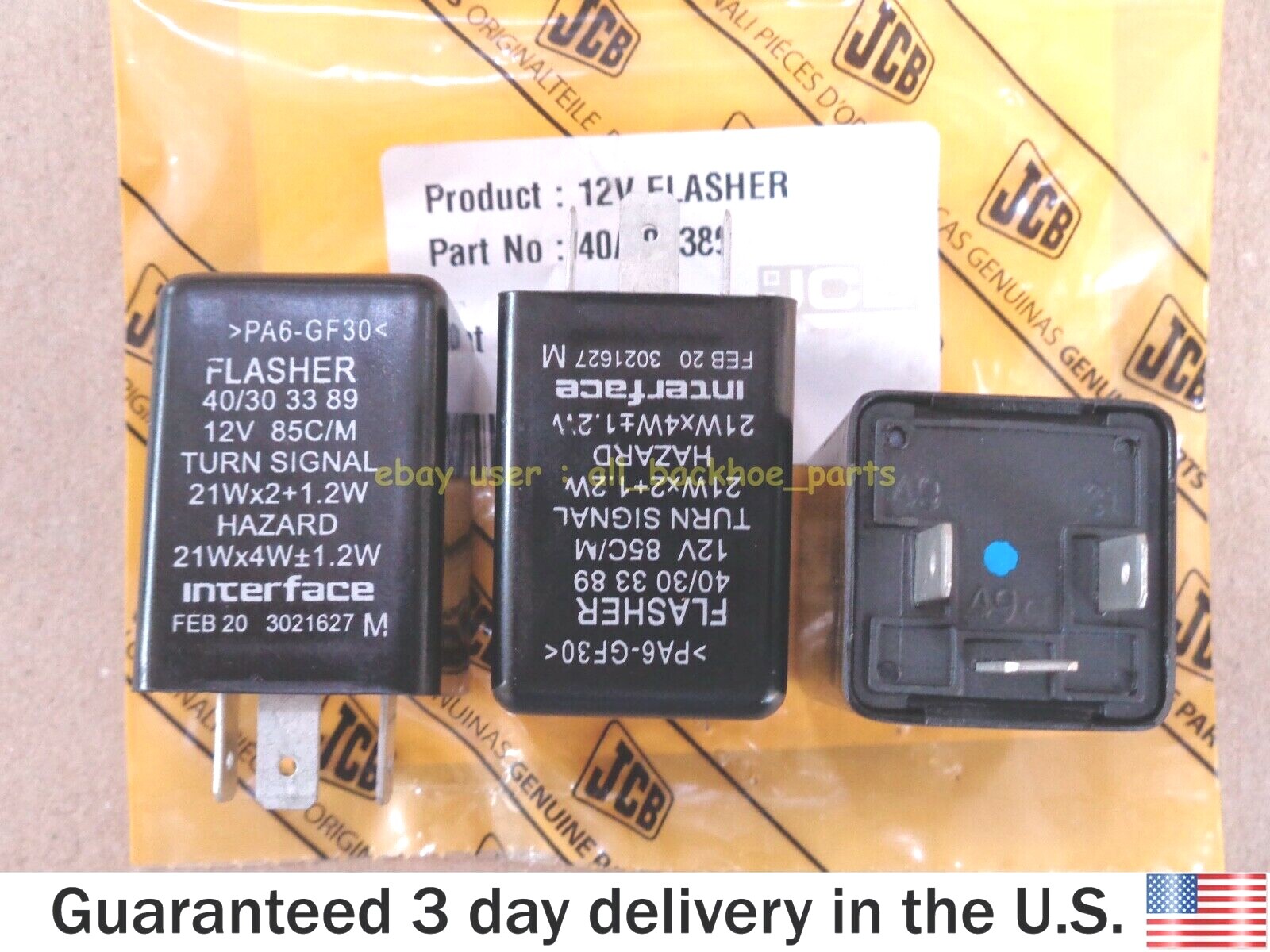 JCB BACKHOE - GENUINE JCB RELAY, 12 V FLASHER, 3 PCS. (PART NO. 40/ ...