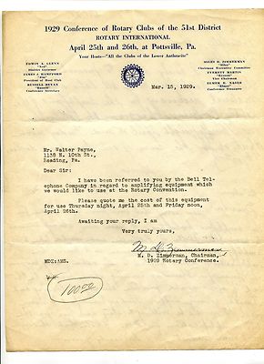 Vintage Letterhead ROTARY INTL 1921 Conference POTTSVILLE PA amplifying ...