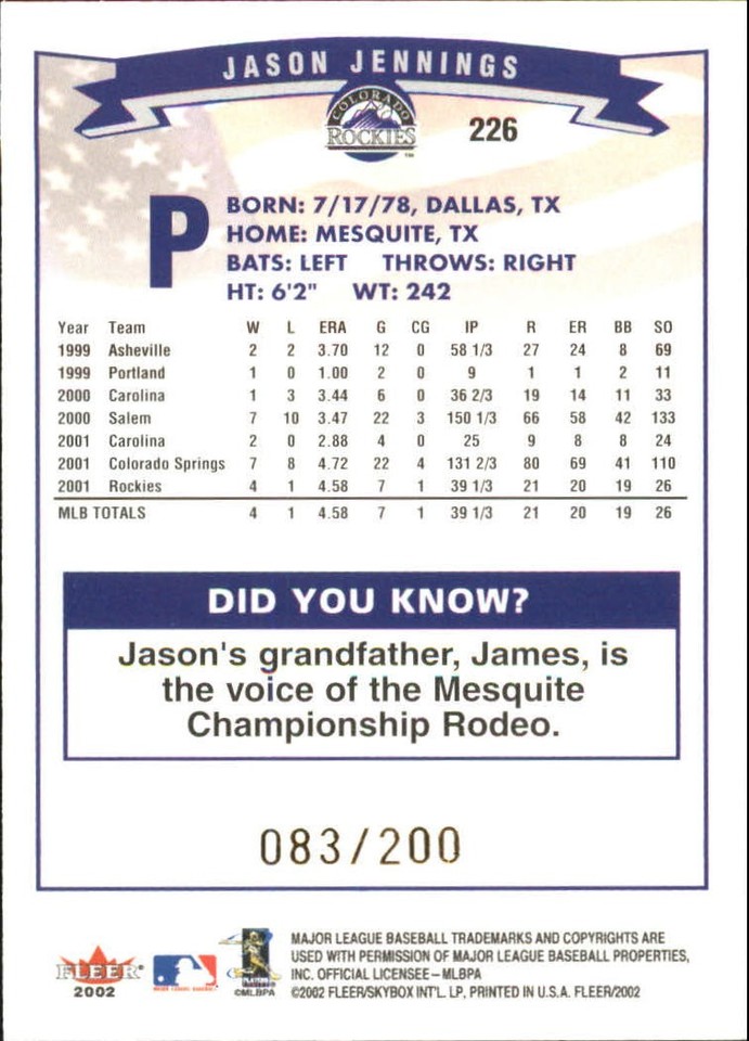 2002 Fleer Tiffany #226 Jason Jennings /200 - NM-MT | eBay