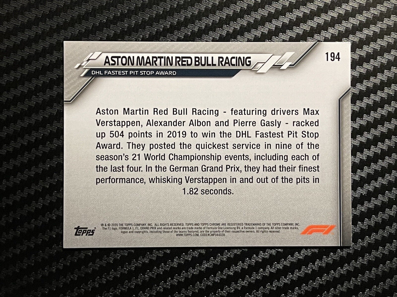 2020 Topps Chrome Formula 1 Aston Martin Red Bull Racing Award #194 F1 ...