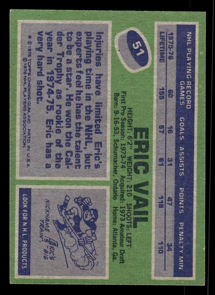 1976 TOPPS ERIC VAIL 51 EXMT HOCKEY ATLANTA FLAMES | eBay