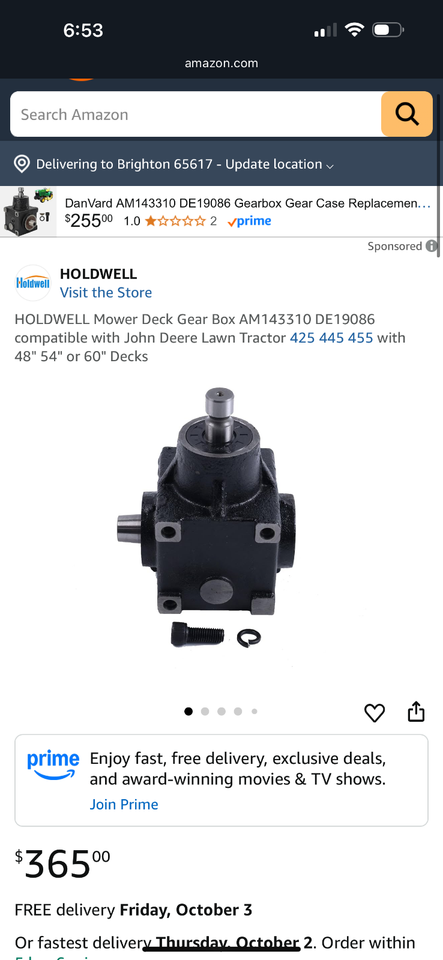 AM143310 DE19086 Mower Deck Gear Box fits John Deere 425 445 455 48 54 ...