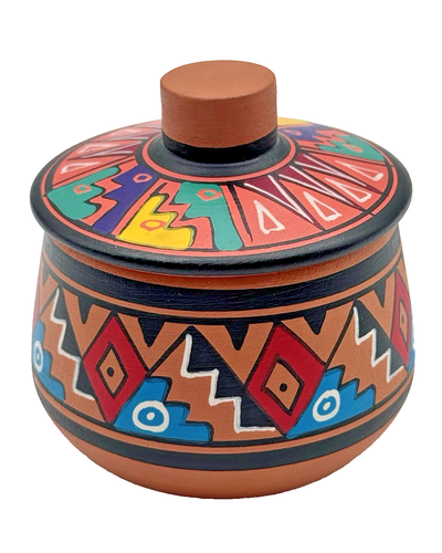 Peruvian Folk Art Red Clay Hand Painted Trinket Pot w/Lid | eBay