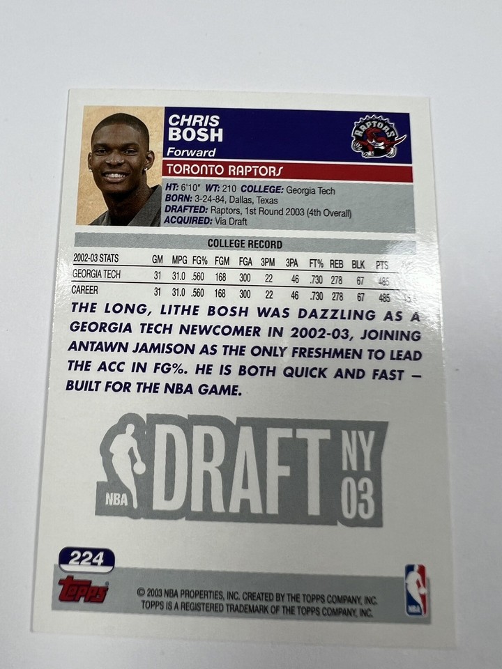 2003-04 Topps 2003 NBA Draft Chris Bosh #224 Rookie RC HOF | eBay