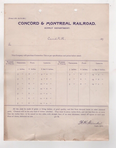 1890 CONCORD MONTREAL RAILROAD SUPPLY DEPARTMENT RR TIES ORDER FORM ...