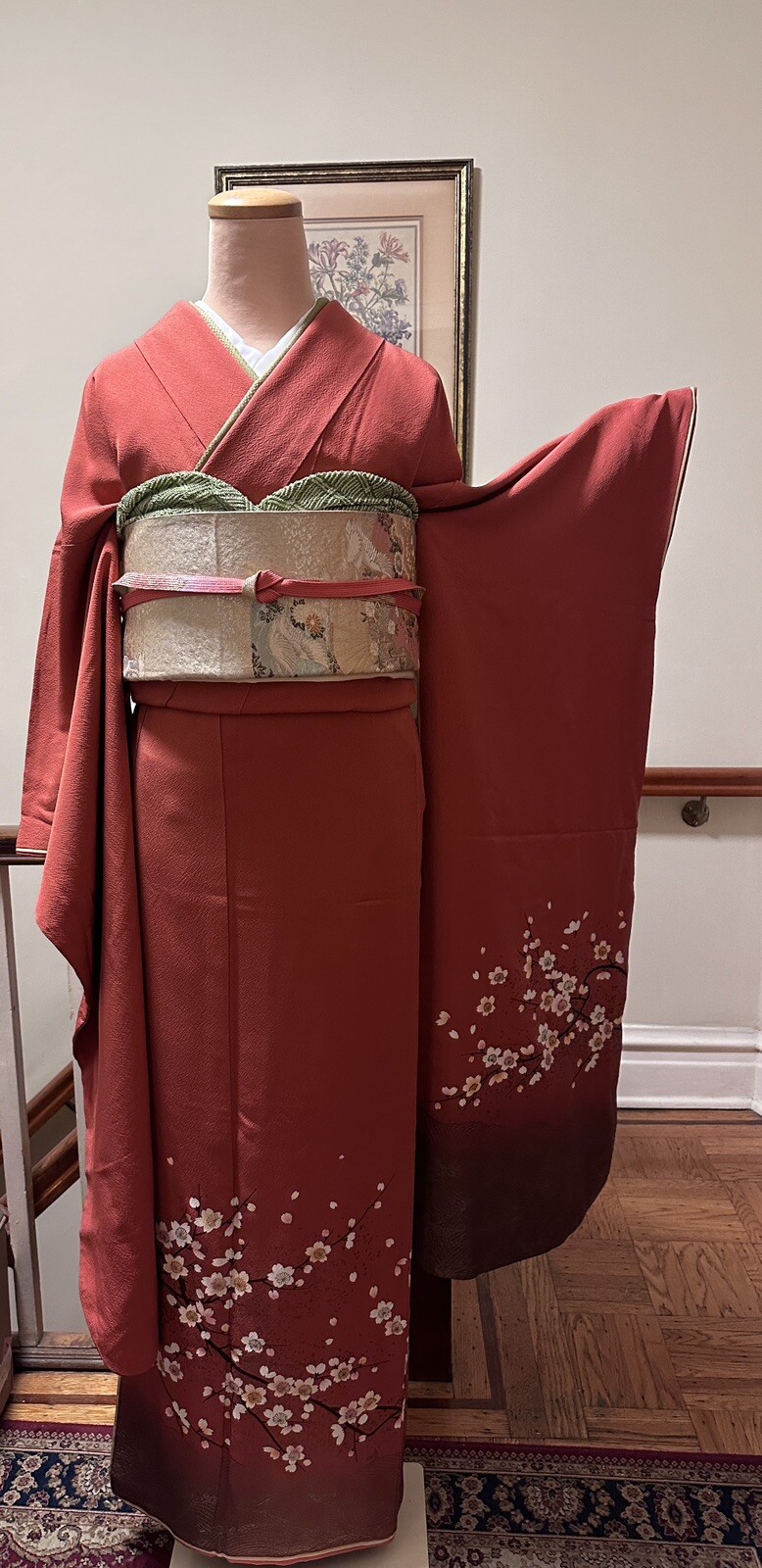 Japanese Vintage Traditional Red Silk Furisode Kimono Robe plum blossom ...