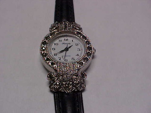 Ladies Lucida Round Marcasites Silver Tone Black Leather Bracelet Watch ...