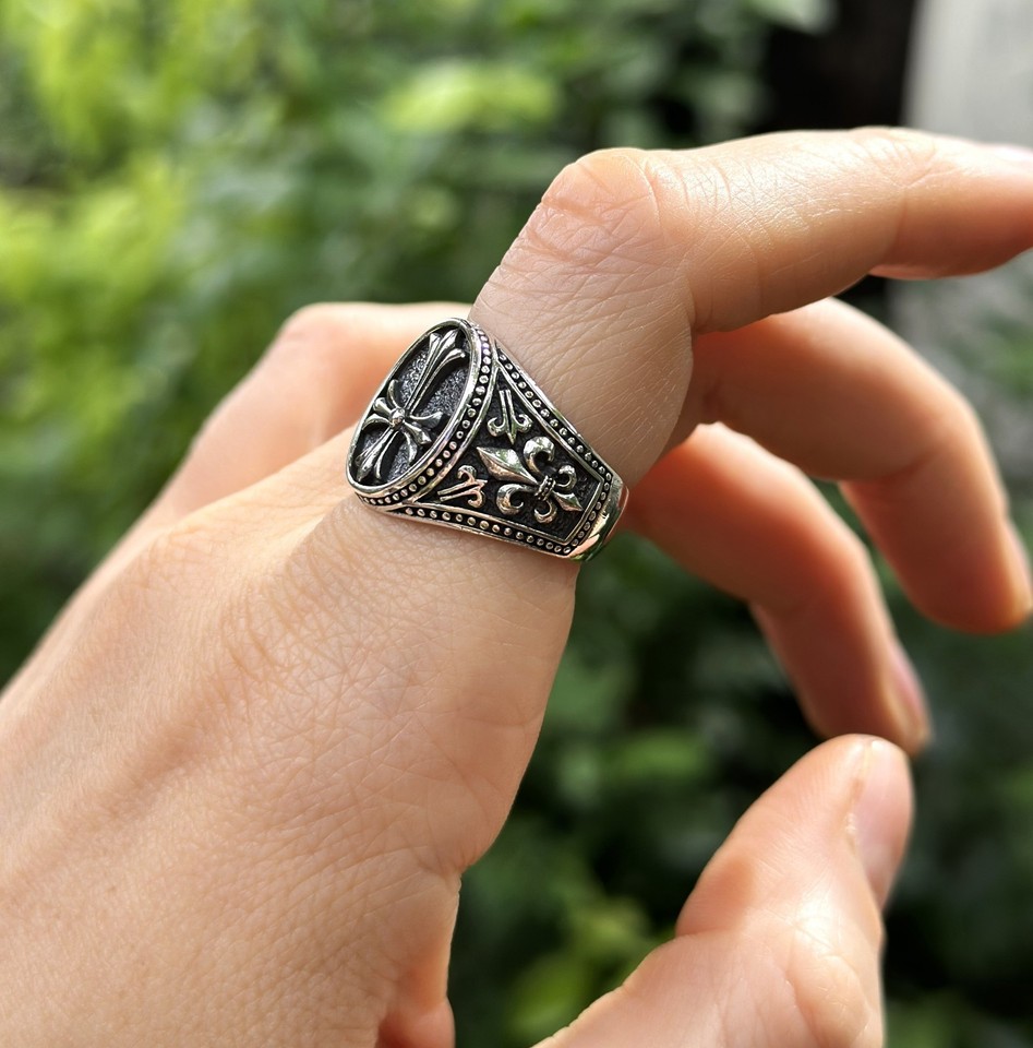 Gothic Cross Ring 925 STERLING SILVER Fleur De Lis Flower Cross Biker ...