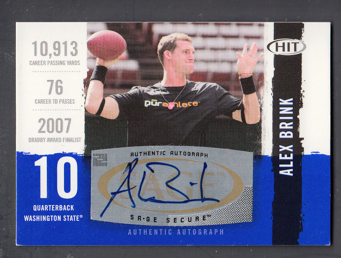 ALex Brink 2008 SAGE HIT NFL Draft Pick Autograph Card #27 Washington ...