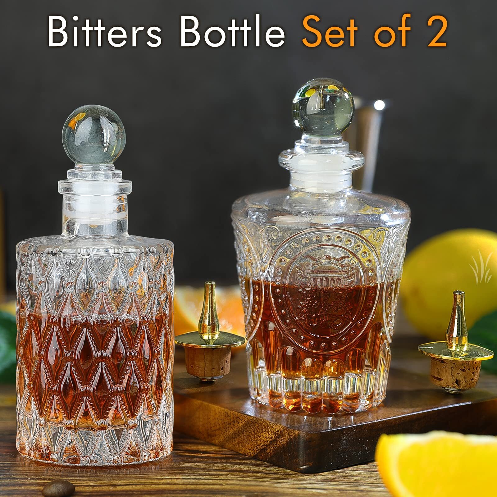 Bitters Bottle Set of 2 Glass Dasher Bottle with Gold Dash Top for ...