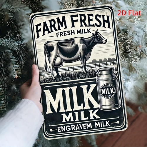 2D Flat, 1pc Vintage Farm Fresh Milk Tin Metal Signs - Rustic Cow ...