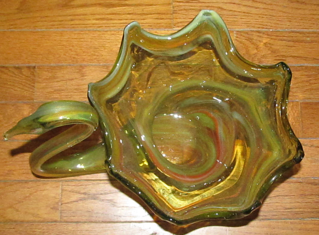Ozark Glass Swan Bird Bowl Centerpiece Swirl Swirled Green Orange Red ...