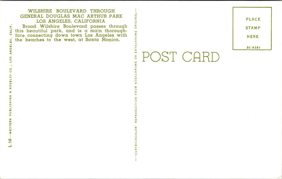 Postcard Los Angeles Wilshire Boulevard Gen Douglas MacArthur Pk 1953 ...