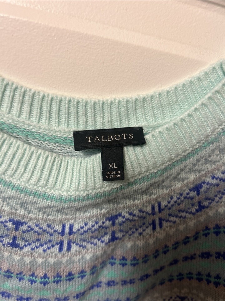 Talbots Sweater Pullover Mint Green Fair Isle Lamb's Wool Blend Outdoor ...