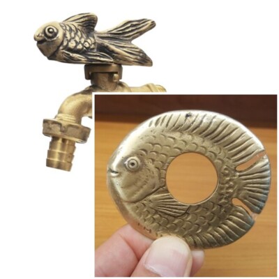 SET Brass Garden Faucet Tap & Base GOLD FISH Spigot Vintage Yard Water ...