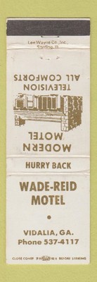 Matchbook Cover - Wade Reid Motel Vidalia GA WEAR | eBay