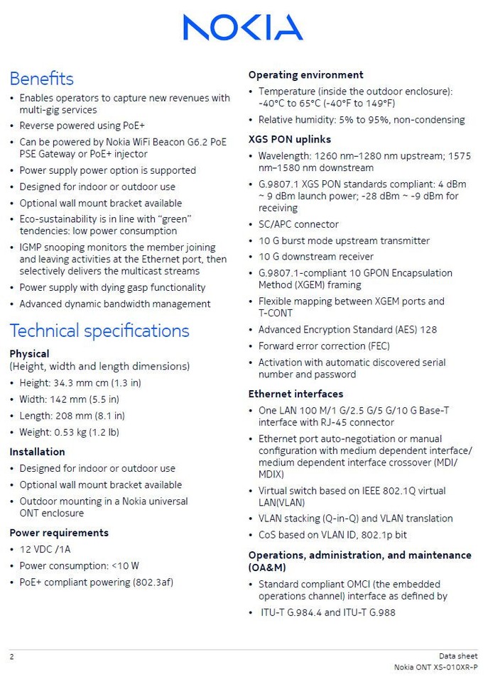 Nokia New XS-010XR-P XGS PON Hardened ONT, 1x 100M/1G/2.5G/5G/10G, PoE ...