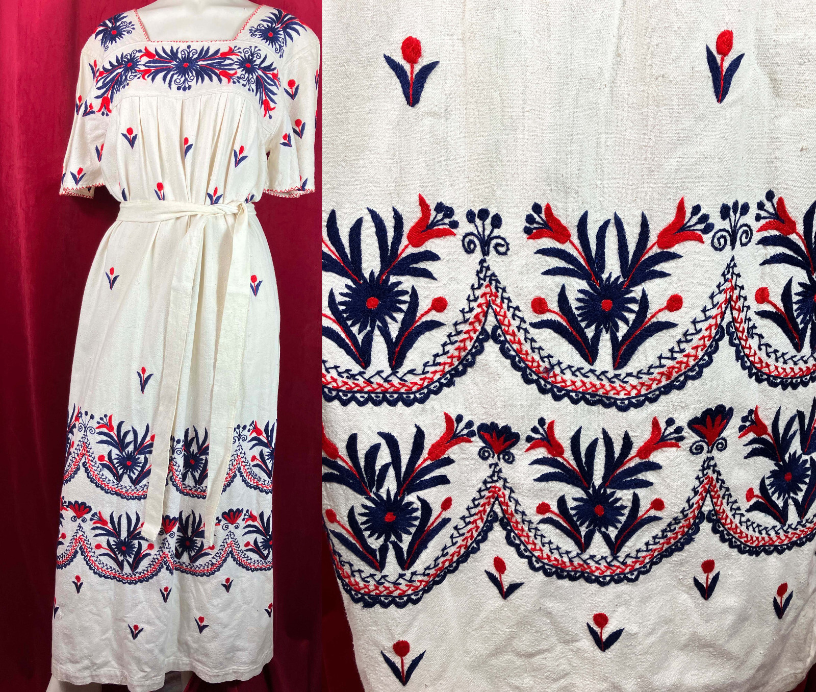 1970s Folklore by Olga Fisch Hand Embroidered Dress 7… - Gem