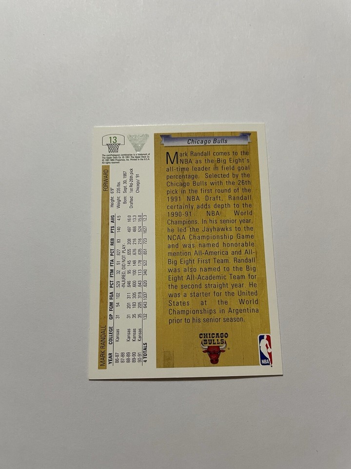 1991-92 Upper Deck Basketball Card #13 Mark Randall Chicago Bulls | eBay