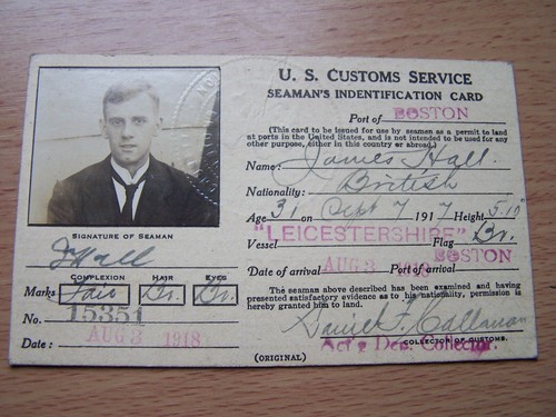 WW1 US Customs Service Seamans ID Card 1918 James Hall Ship ...