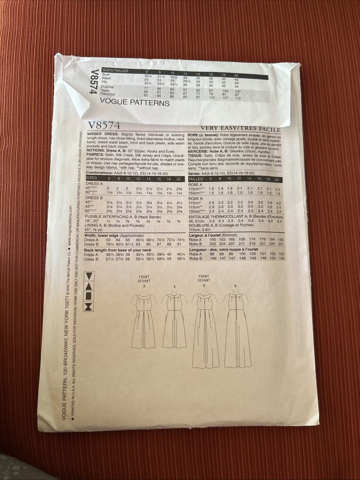 Very easy Ver Vogue sewing pattern 8574 | eBay