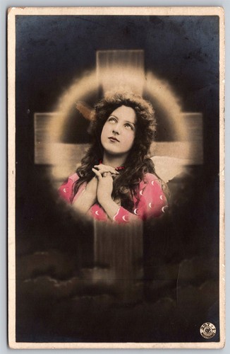 Postcard Angel Lady Praying to the Lord Cross Hand Tinted NPG 257 RPPC ...