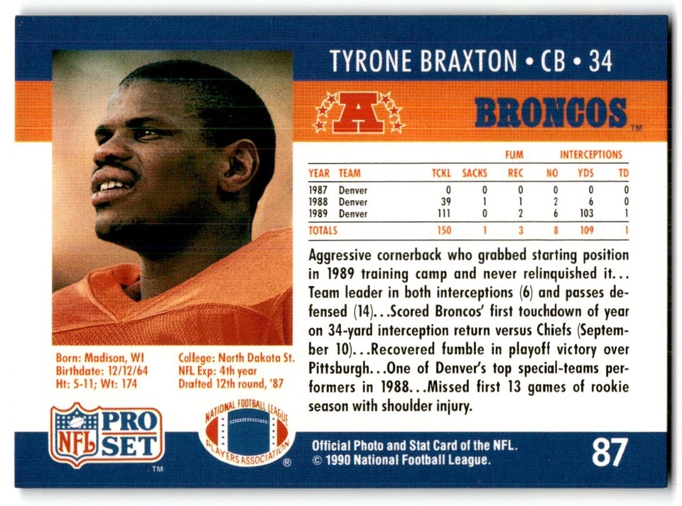 1990 Pro Set Tyrone Braxton Denver Broncos #87 | eBay