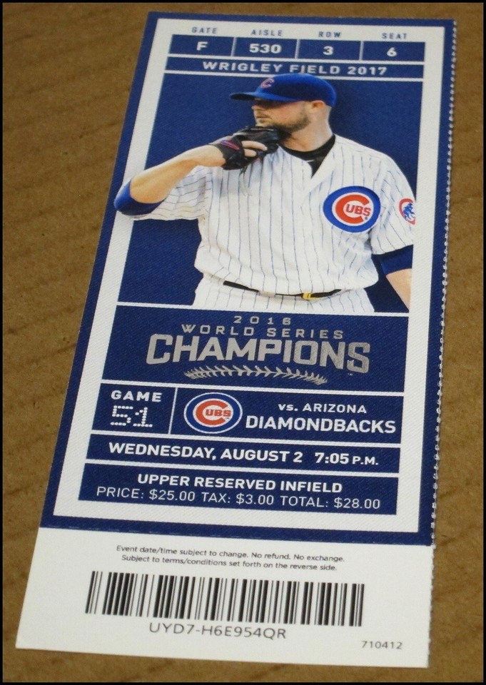 8/2/2017 Chicago Cubs vs Arizona Diamondbacks Ticket Jon Lester Jake ...