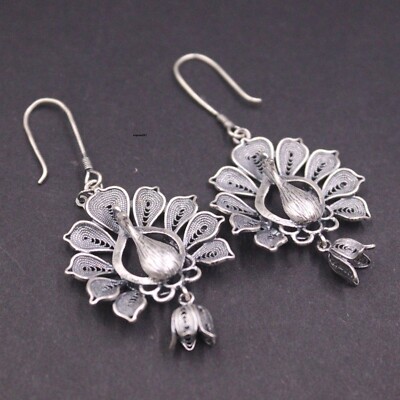 Solid 925 Sterling Silver Dangle Women Lucky Filigree Flower Peacock ...
