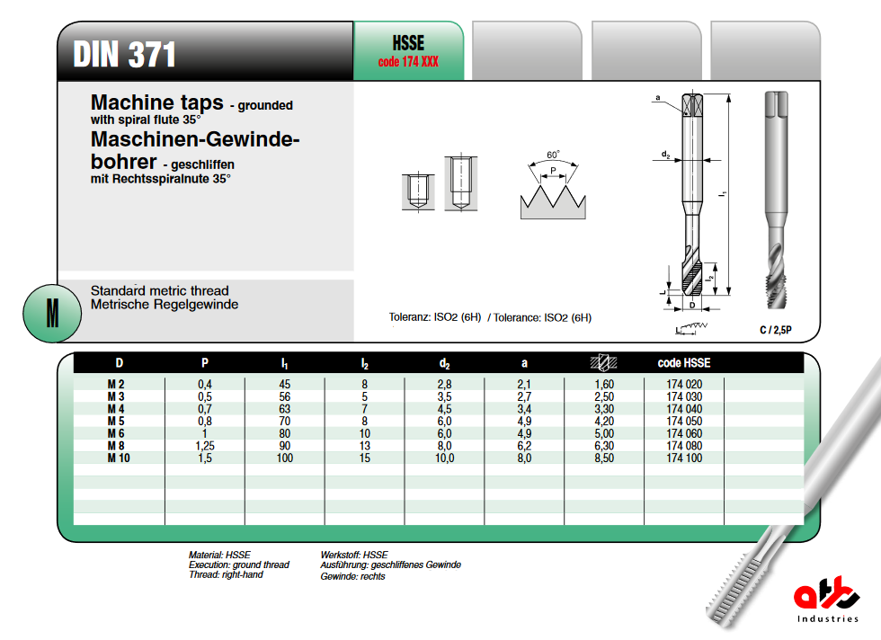 HSS-E Maschinengewindebohrer Sackloch M2-M20 Gewindebohrer Iso 2/6H DIN ...