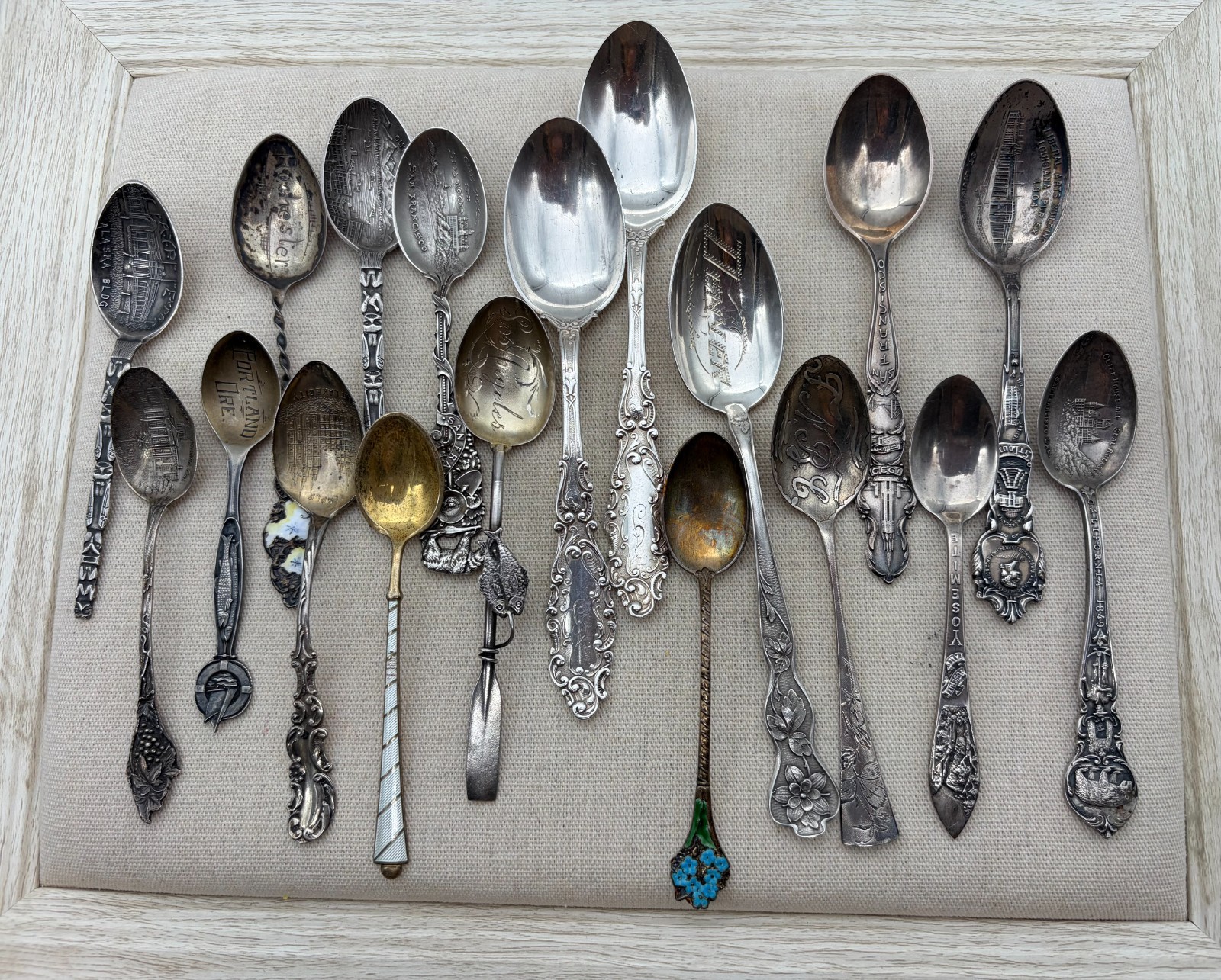 Antique Sterling Silver ~ SOUVENIR ENAMEL ETC SPOONS LOT ~ 5.2 Oz Scrap ...