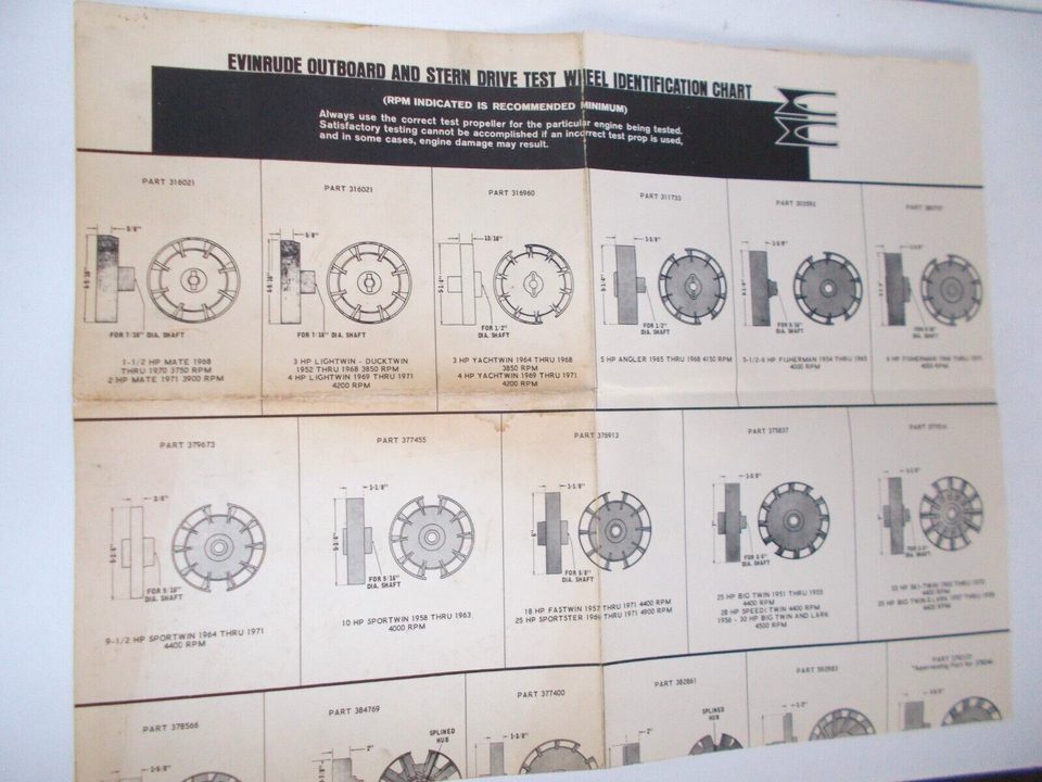 EVINRUDE BOAT OUTBOARD MOTOR STERN DRIVE TEST WHEEL IDENTIFICATION ...