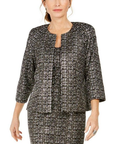 KASPER 4 Black Metallic Print Flyaway Jacket & Sheath Dress Suit NWT ...