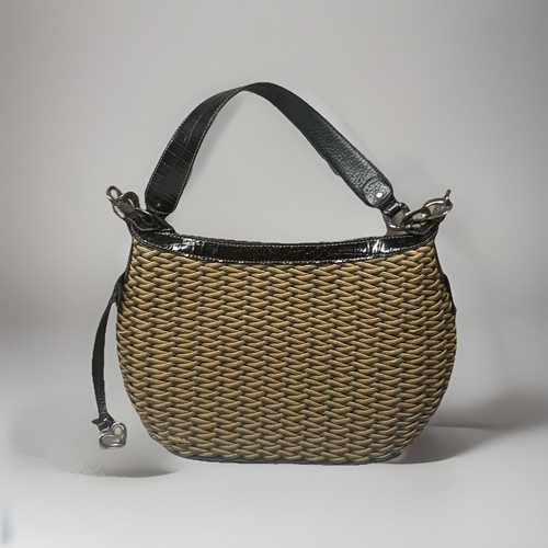 Brighton Purse Black Tan Straw Wicker Basket Weave Shoulder Handbag ...