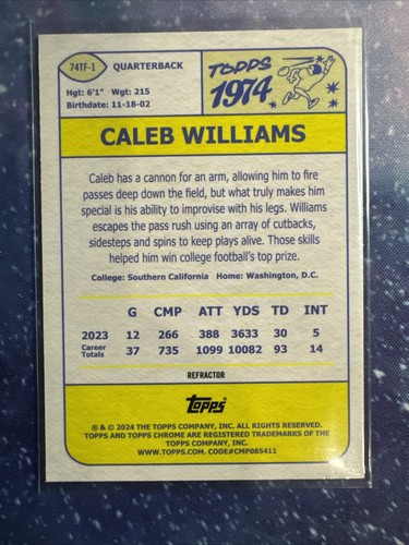 2024 Topps Chrome Caleb Williams Refractor 1974 RC Chicago Bears | eBay