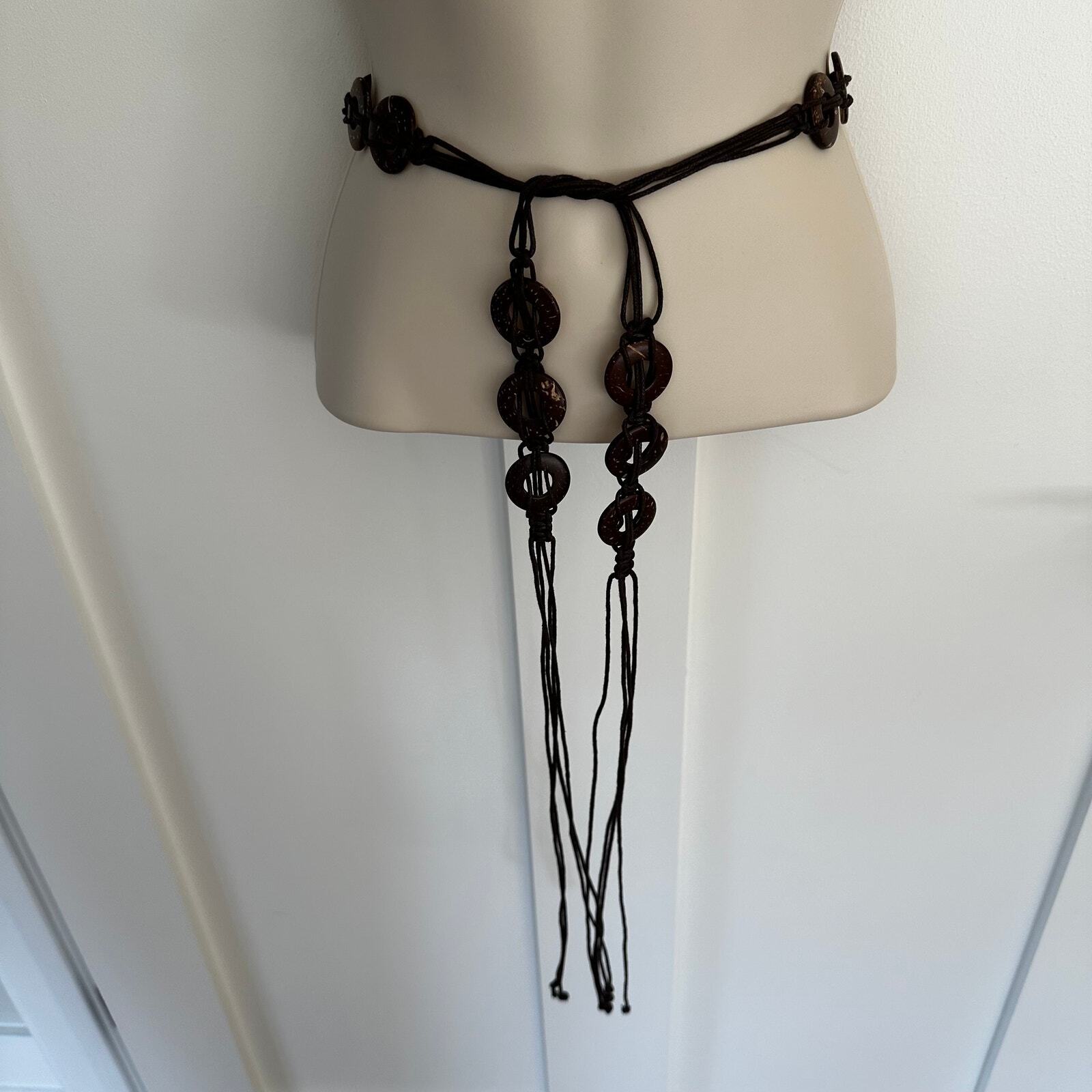 Boho Macrame Wood Disc Belt Tie Closure Brown 65" Long - Gem