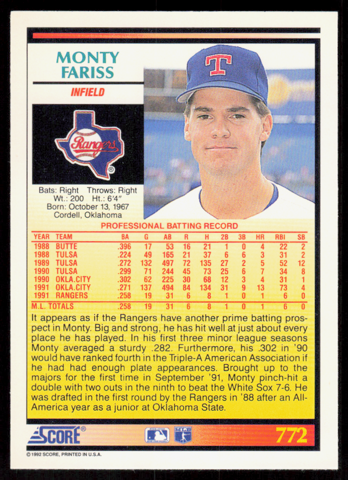 1992 Score 772a Monty Fariss Texas Rangers | eBay