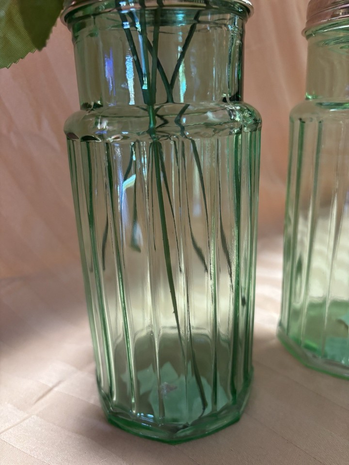 Lot Of 2 Depression Glass Green Flower Vase With Metal Wire Frog Lid ...