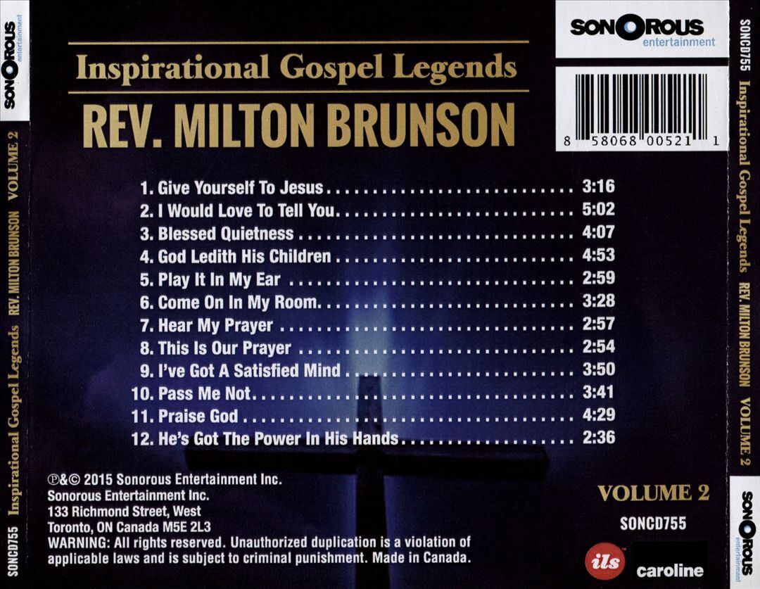 REV. MILTON BRUNSON - INSPIRATIONAL GOSPEL LEGENDS, VOL. 2 NEW CD 858068005211| eBay