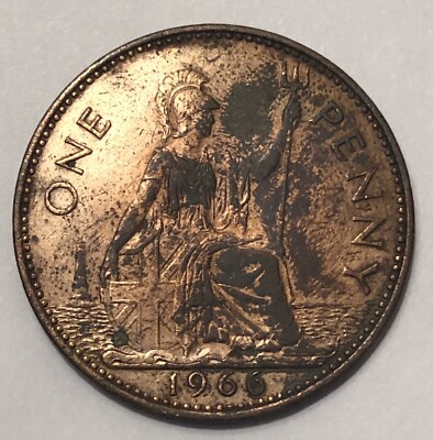 1966 ELIZABETH II DEI GRATIA REGINA F D + ONE PENNY COIN GREAT BRITAIN ...